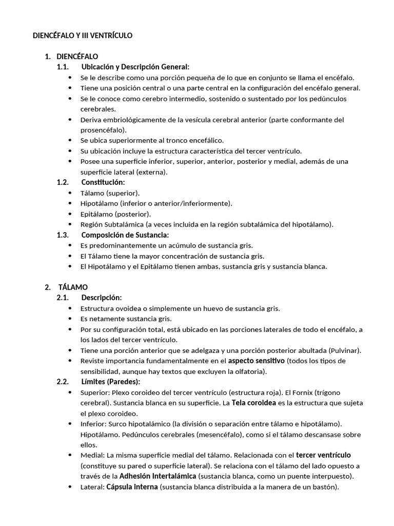 Mi Resumen de Diencéfalo y III Ventrículo | PDF | Tálamo | Hipotálamo