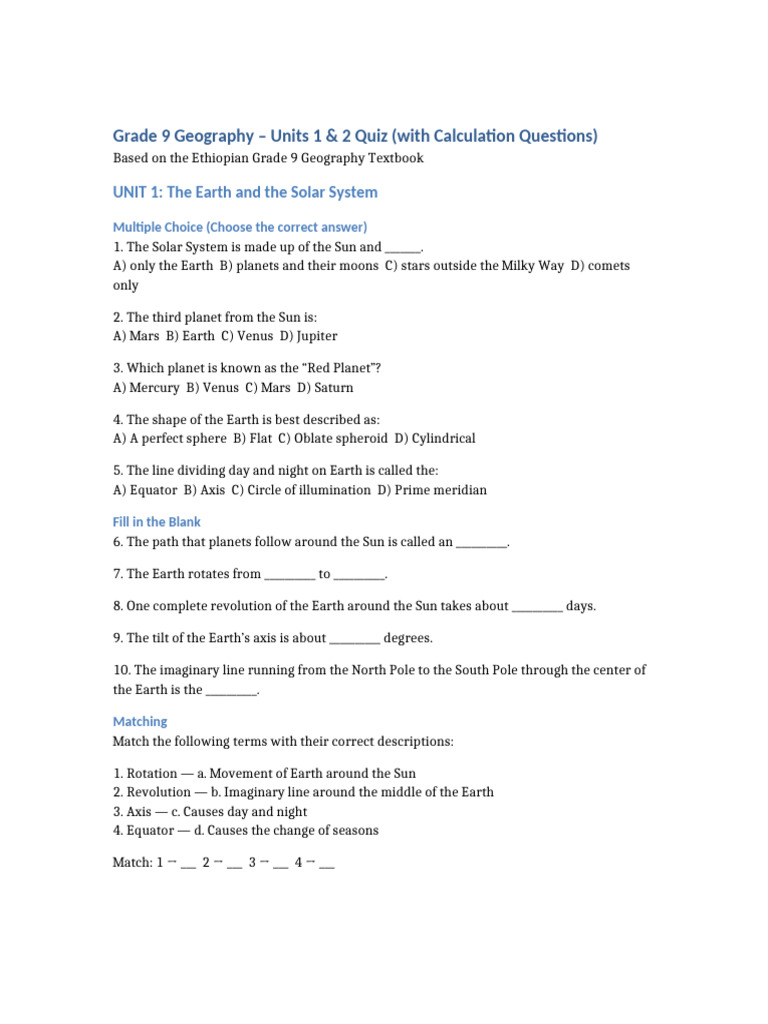 Grade 9 Geography Quiz: Earth & Solar System | PDF | Rock (Geology) | Earth