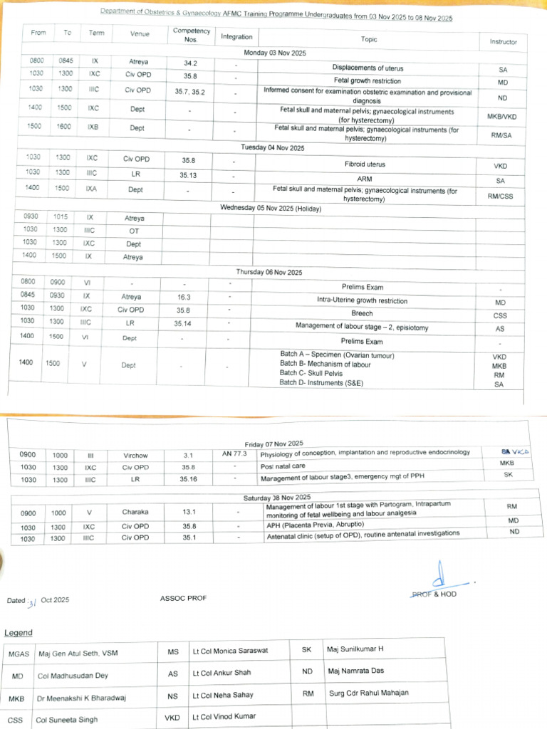 AFMC Obstetrics Training Schedule 2025 | PDF | Mammal Female ...
