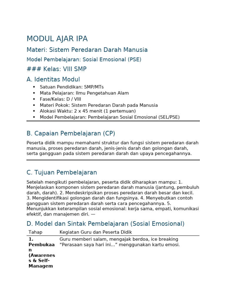 Modul Ajar Sistem Peredaran Darah - Pse | PDF