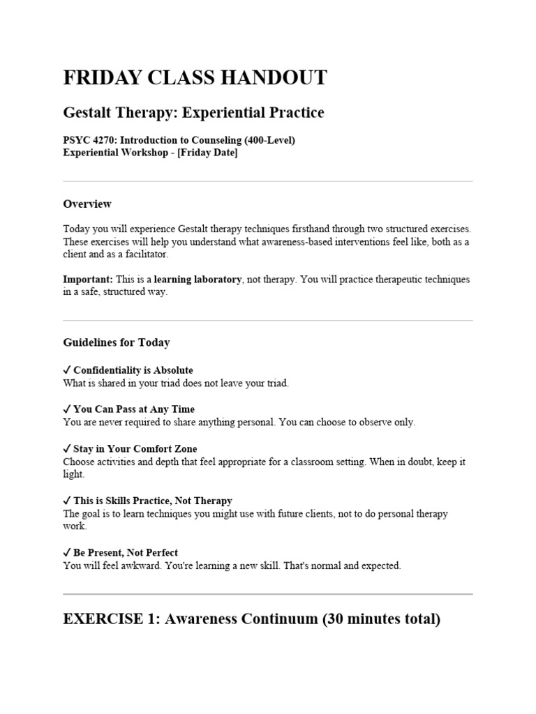 Gestalt Experiential Handout | PDF | Gestalt Therapy | Psychotherapy