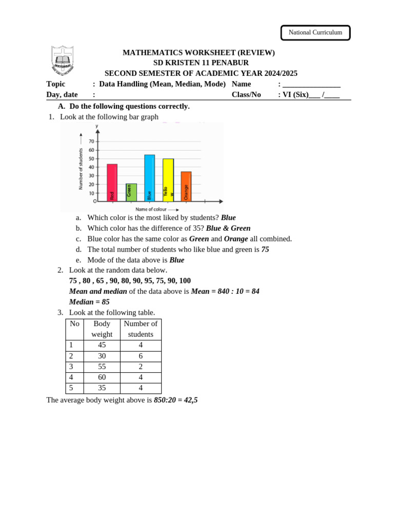Data Handling Worksheet for Students | PDF | Mean | Average