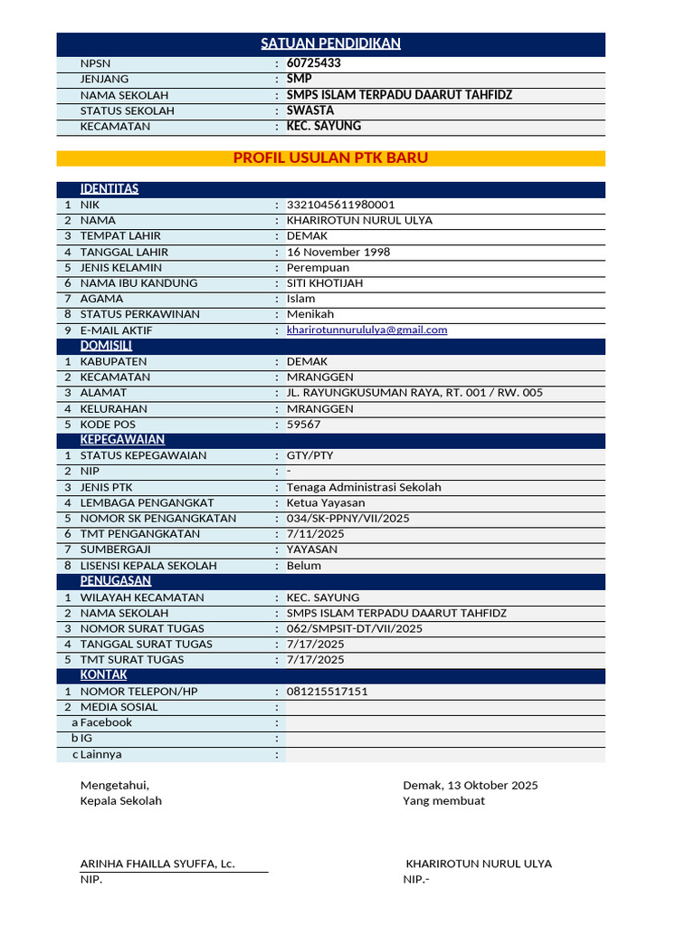 3. Profil Data PTK Baru | PDF