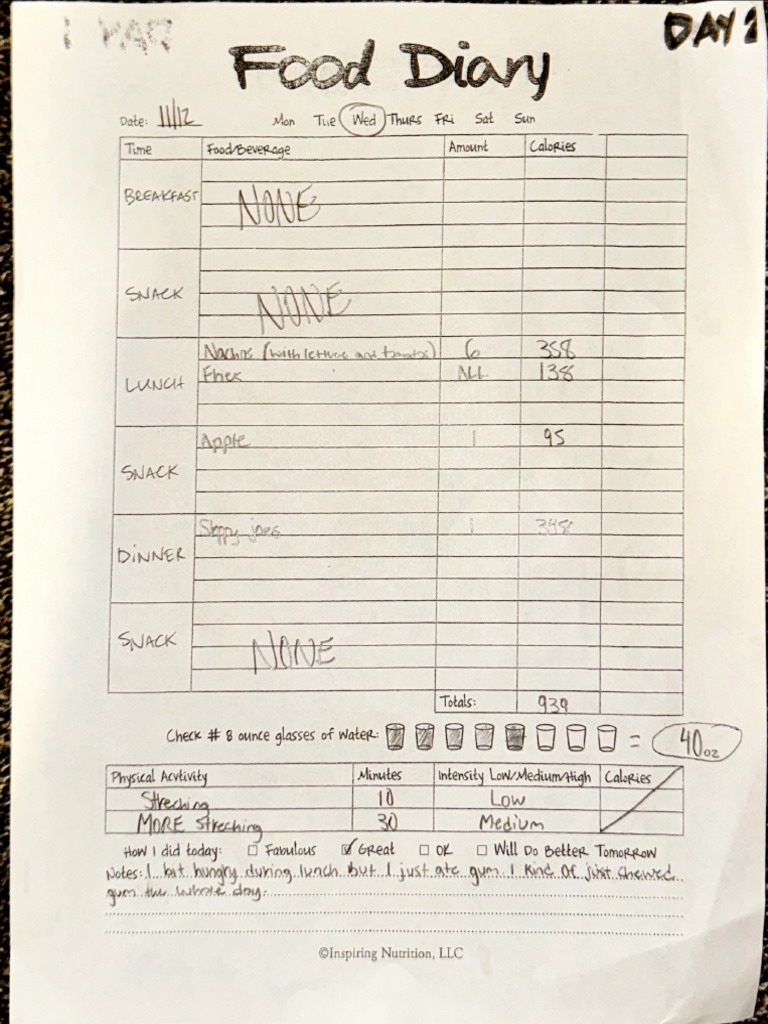 Coach Dixon Food Diary Work | PDF