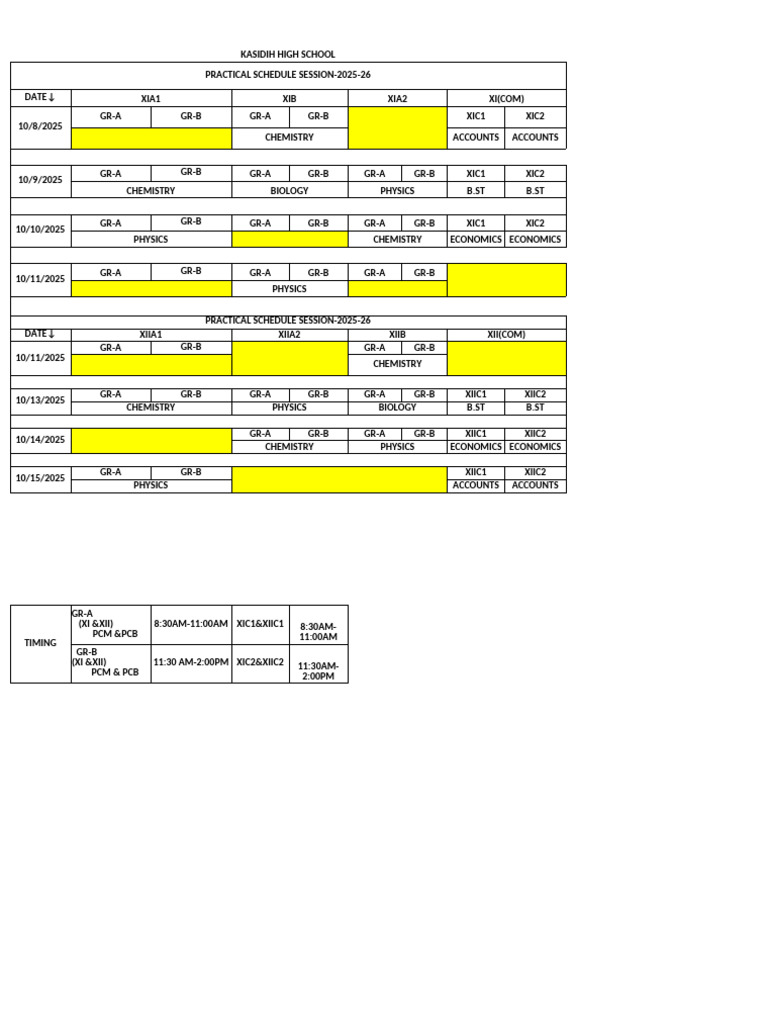 Revised Practical Schedule Class Xi & Xii (2025-26) | PDF | Physical Sciences | Natural Sciences