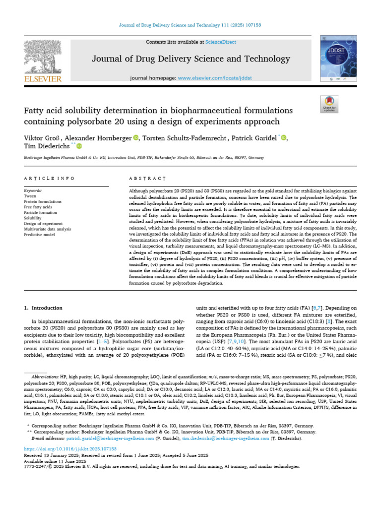 Fatty Acid Solubility Determination in Biopharmaceutical Formulations ...