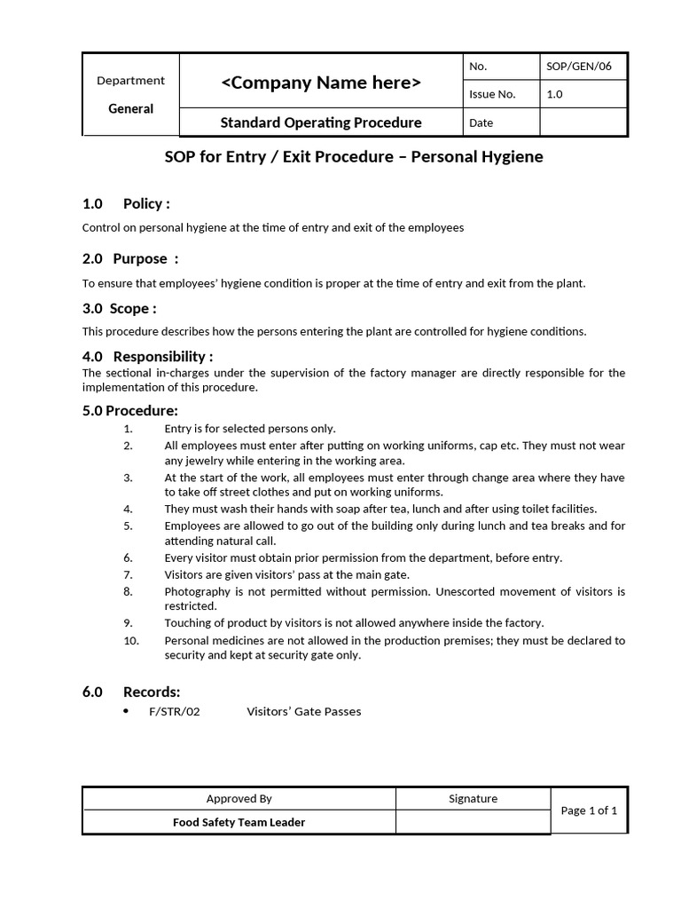 SOP For Entry Exit Procedure | PDF