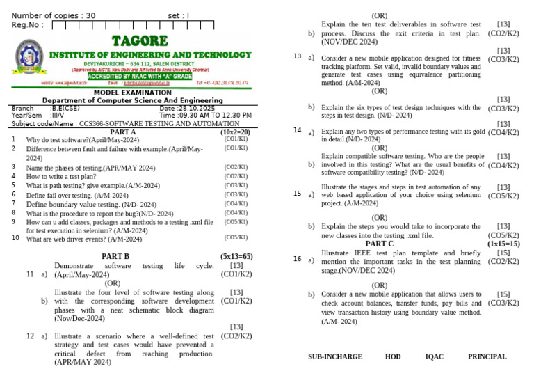 STA MODEL QP SET 1 | PDF | Software Testing | Software Engineering