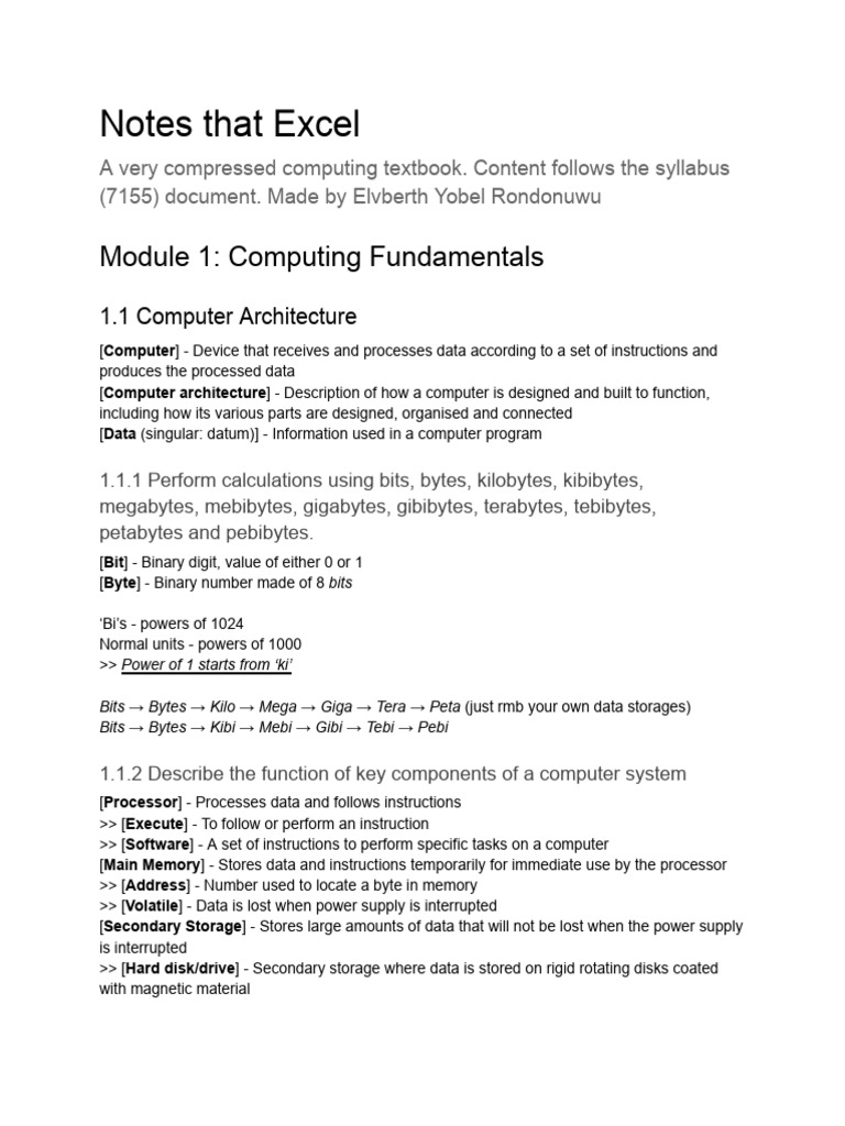 Notes That Excel: Module 1: Computing Fundamentals | PDF | Computer ...