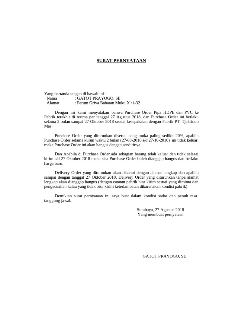 Surat Pernyataan Purchase Order Pipa | PDF