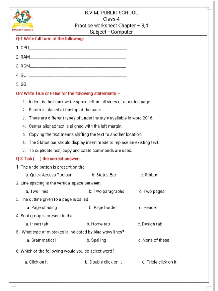 Class-4 Worksheet | PDF