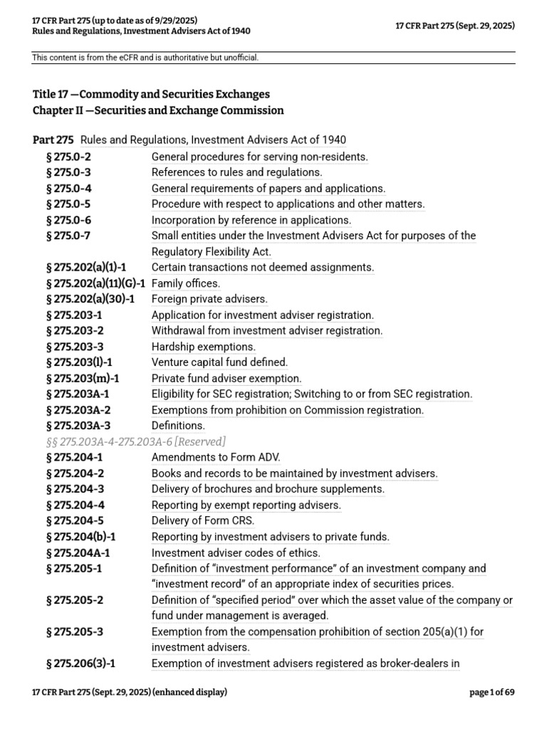17 CFR Part 275 (Up to Date as of 9-29-2025) | PDF | Financial Adviser ...