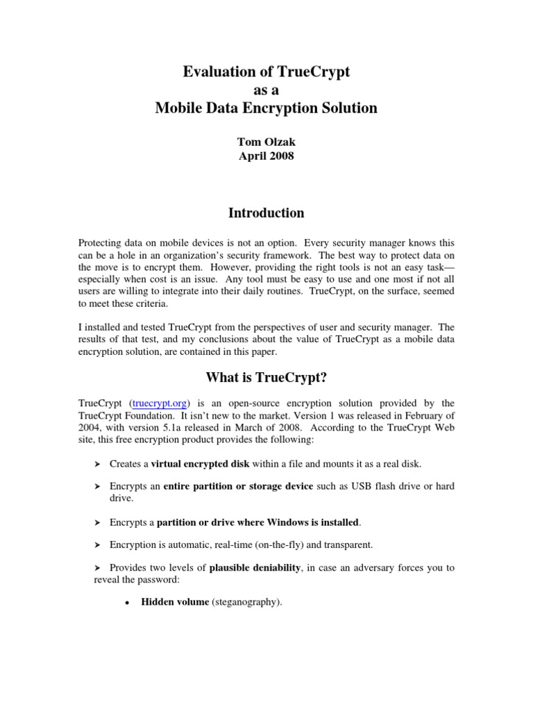 Evaluation of Truecrypt Asa Mobile Data Encryption Solution: Tom Olzak April 2008 | PDF | Usb ...