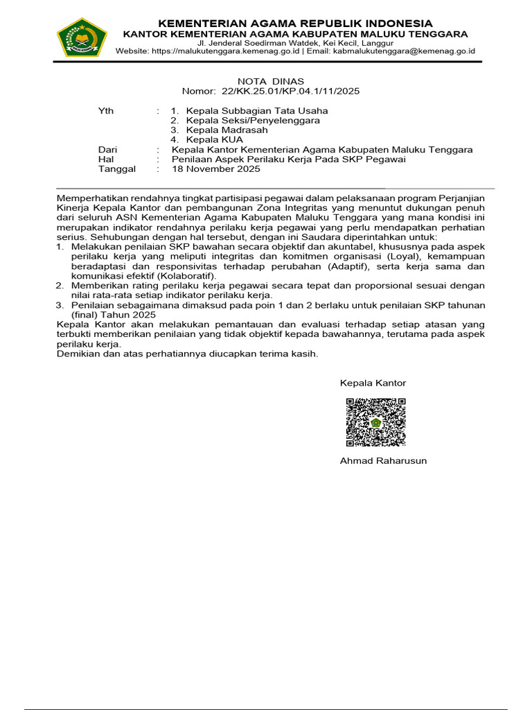 Nota Dinas Penilaan Aspek Perilaku Kerja Pada SKP Pegawai | PDF