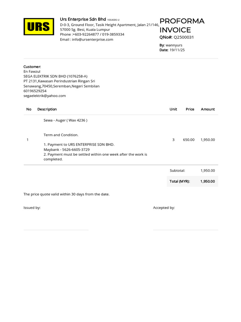 Proforma Invoice #Q2500031 | PDF