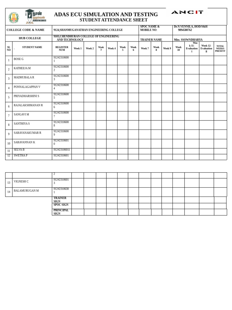 ADAS ECU Simulation Attendance Sheet | PDF