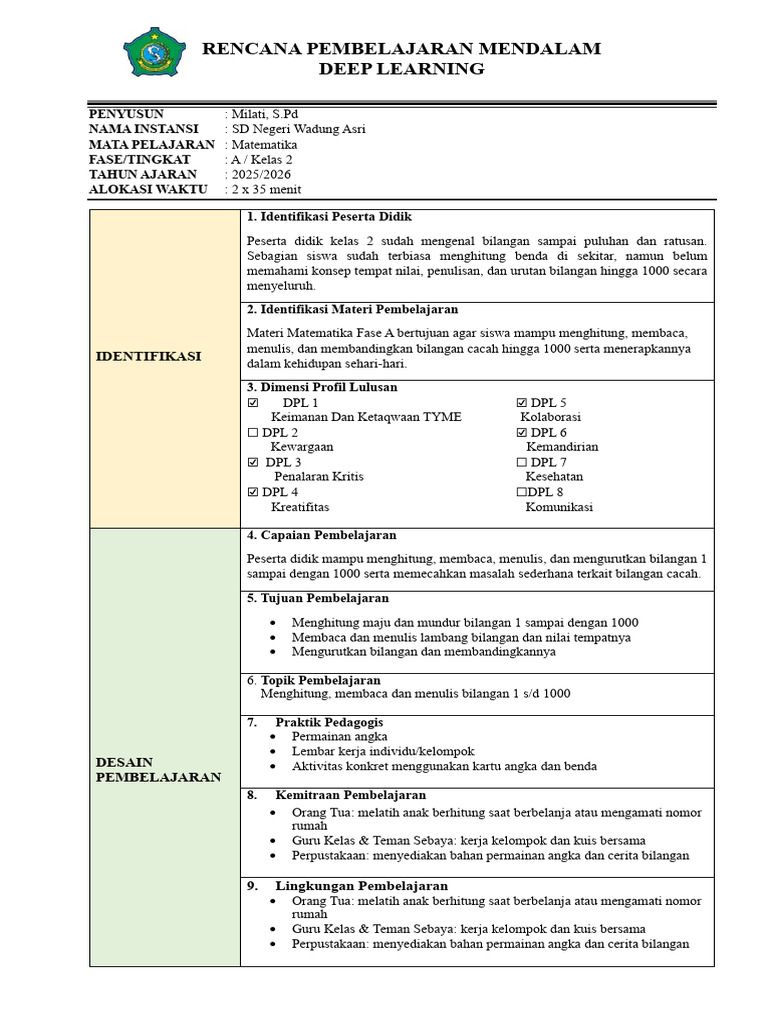RPP Kls 2 Mat Topik Bilangan 1 - 1000 | PDF