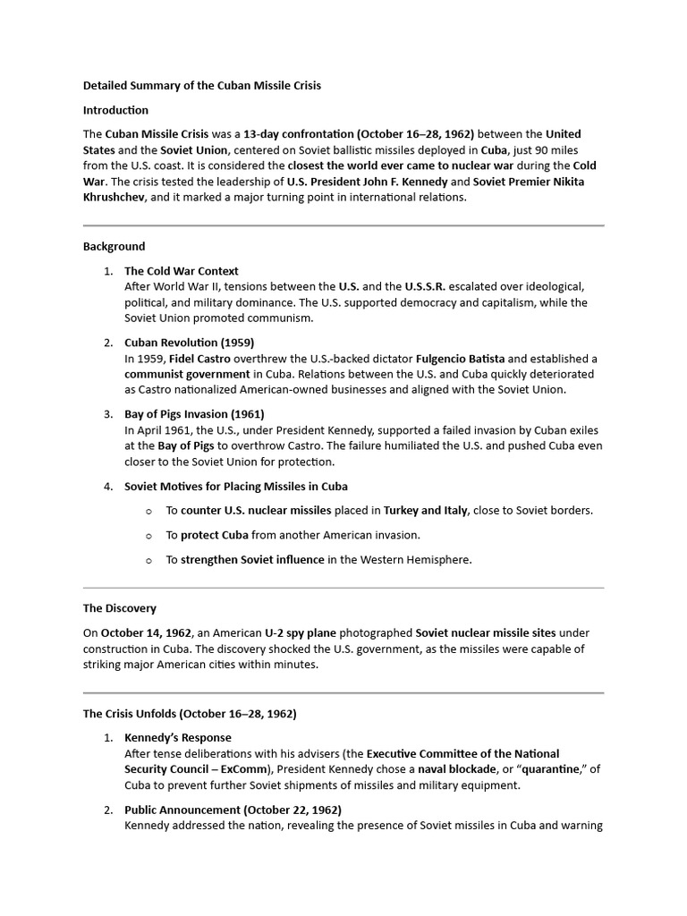 Detailed Summary of The Cuban Missile Crisis | PDF | Cuban Missile ...