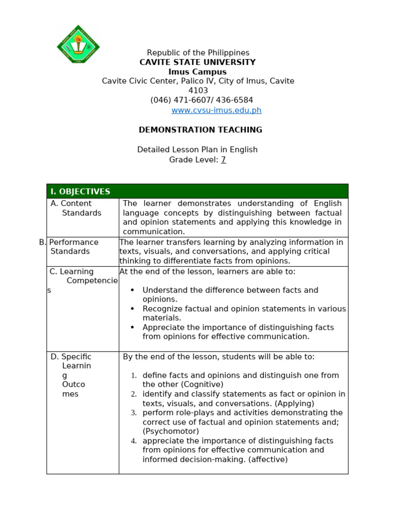 Grade 7 English Lesson Plan: Facts vs. Opinions | PDF | Learning ...