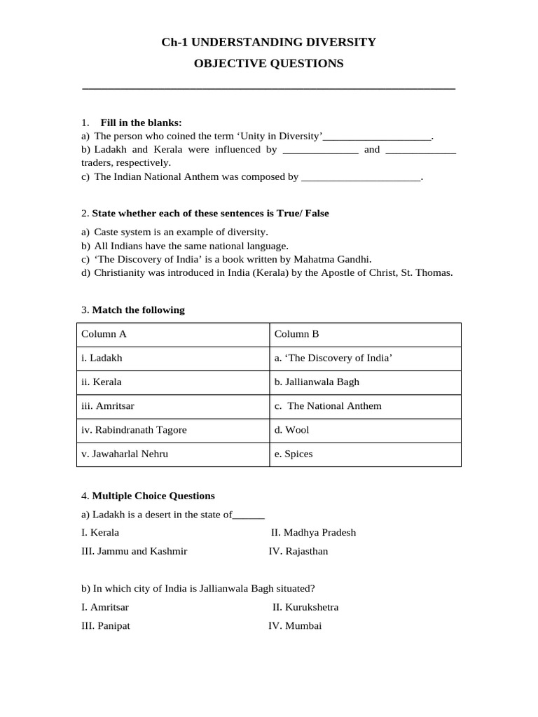 Ch-1 Understanding Diversity Objective Questions | PDF