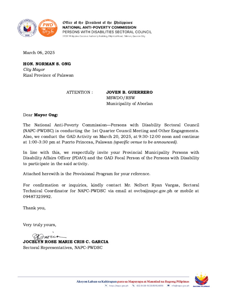 Invitation To The Pdao and Gad Focal Person For Napc-Pwdsc Gad Activity ...
