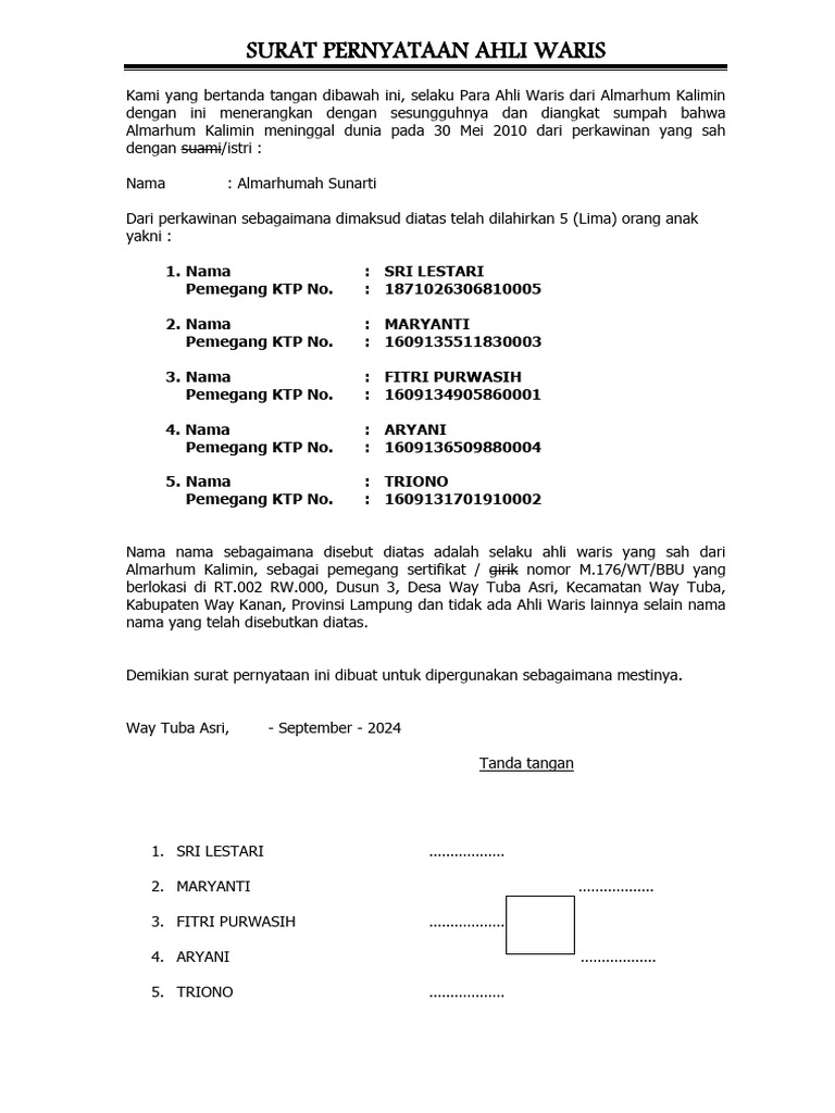 Surat Pernyataan Ahli Waris Kalimin | PDF