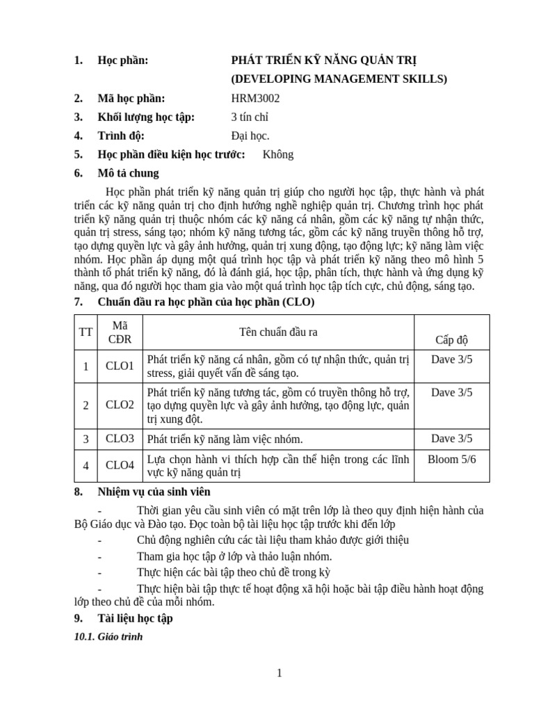 HRM3002 Syllabus PhatTrienKyNangQuanTri 22425 | PDF