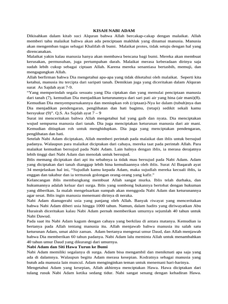 Kisah Nabi Adam: Penciptaan dan Ujian | PDF