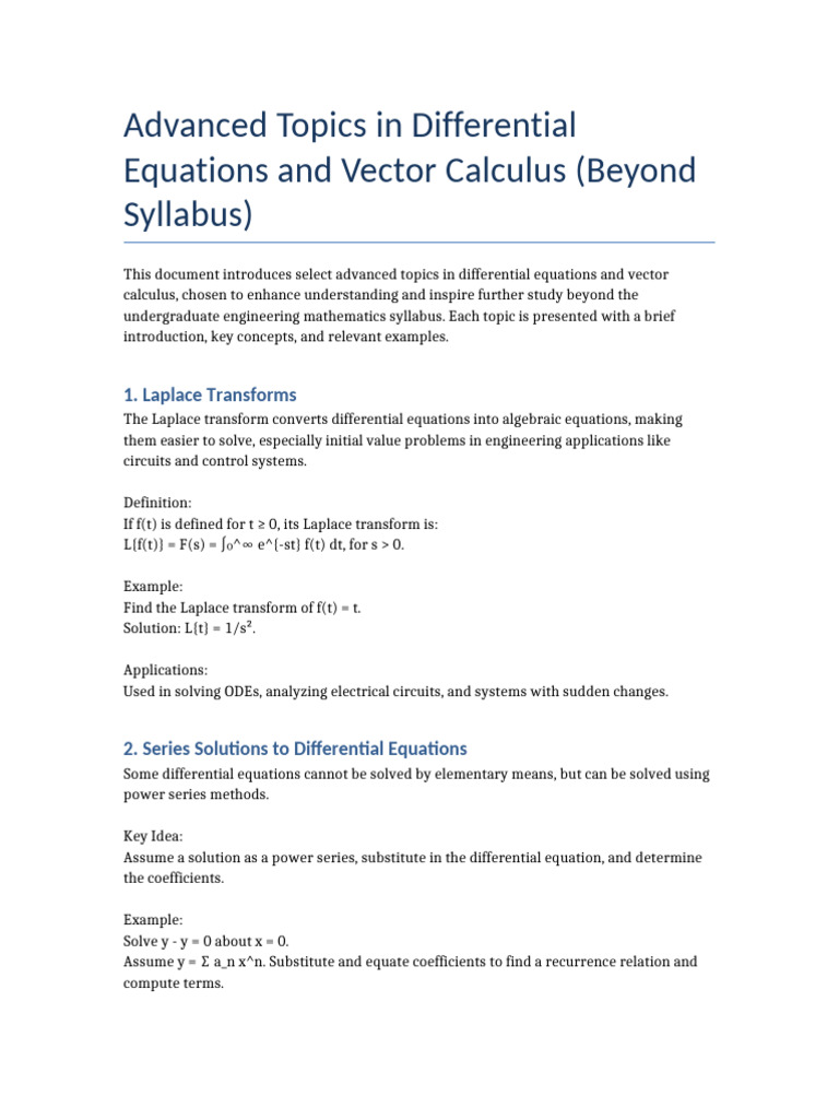 Advanced Topics in Differential Equations and Vector Calculus (Beyond ...