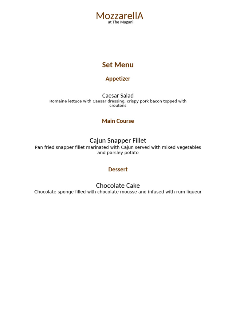 MozzarellA Set Menu at The Magani | PDF | Salad | Thai Cuisine