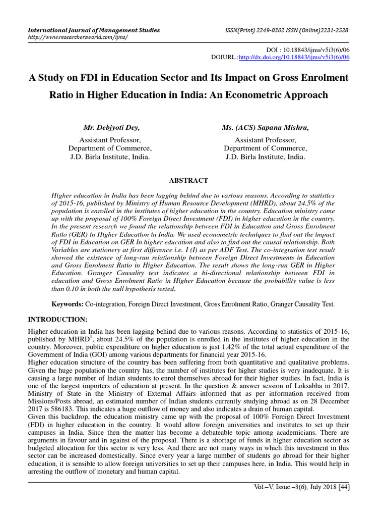 FDI Impact on India's Higher Education GER | PDF | Foreign Direct ...