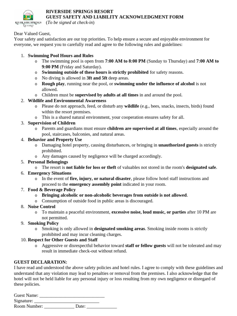 Riverside Springs Resort Safety Acknowledgment | PDF