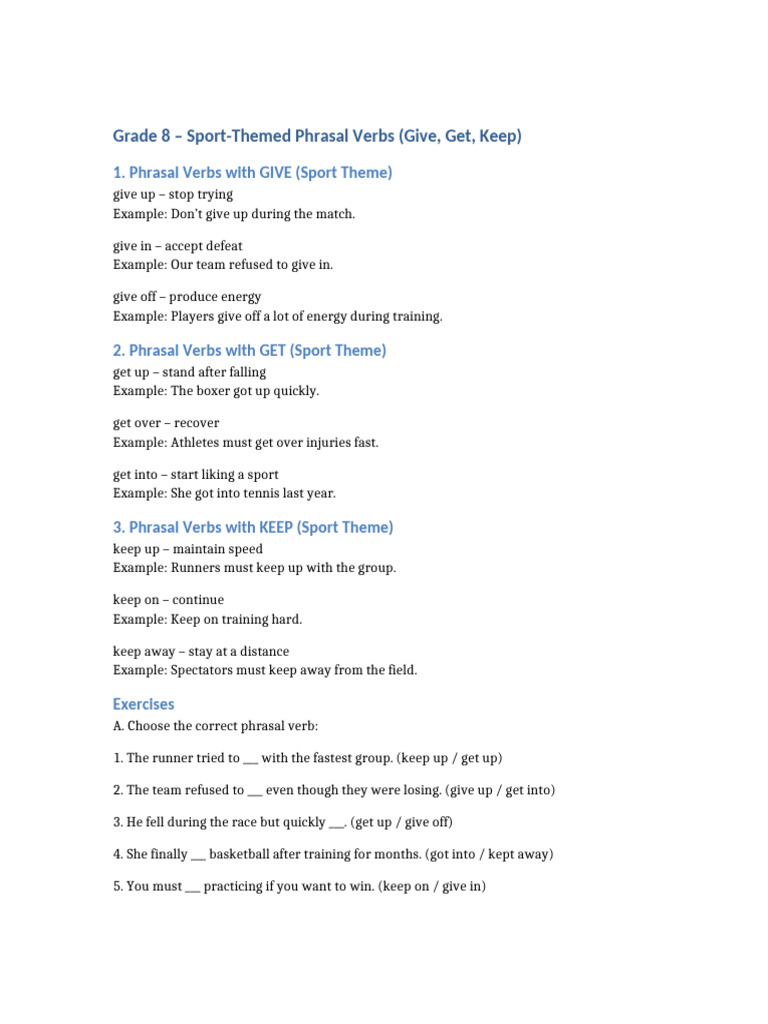 Sport Phrasal Verbs Grade8 | PDF