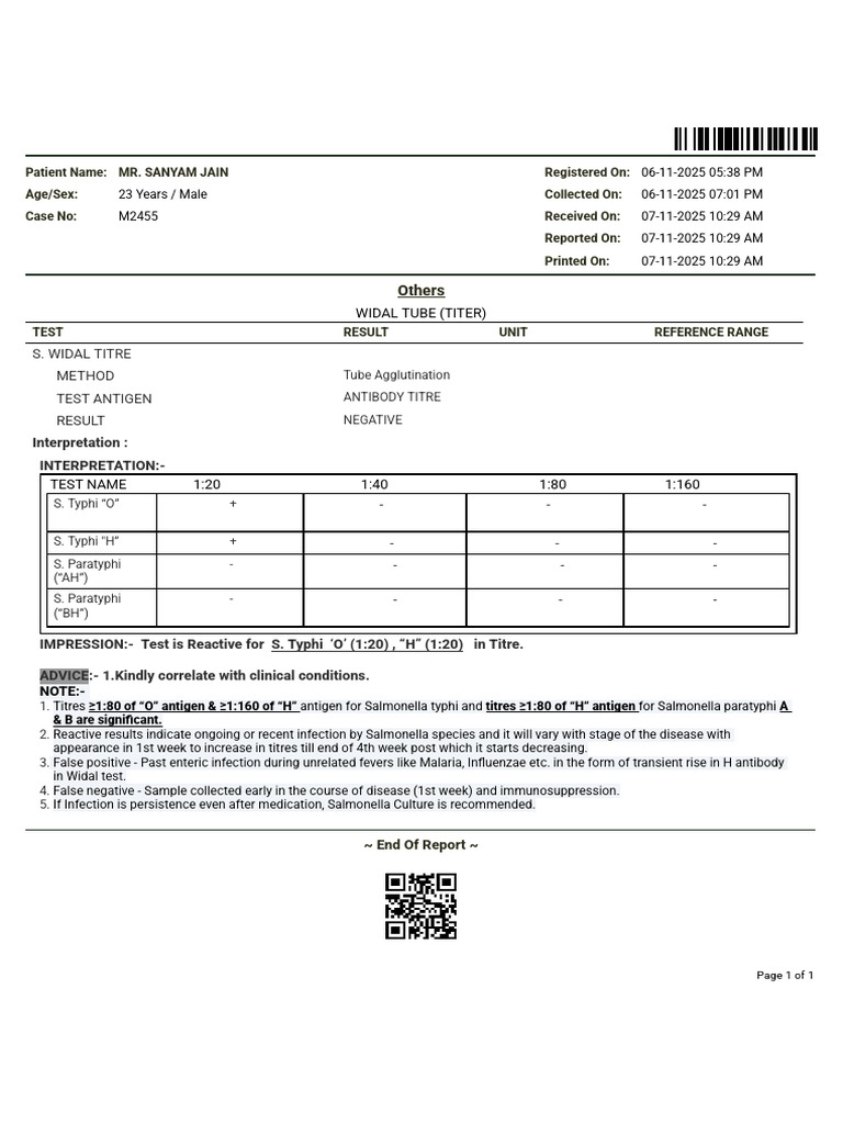 Sanyam Jan Widal Titre Report | PDF | Human Diseases And Disorders | Medical Specialties