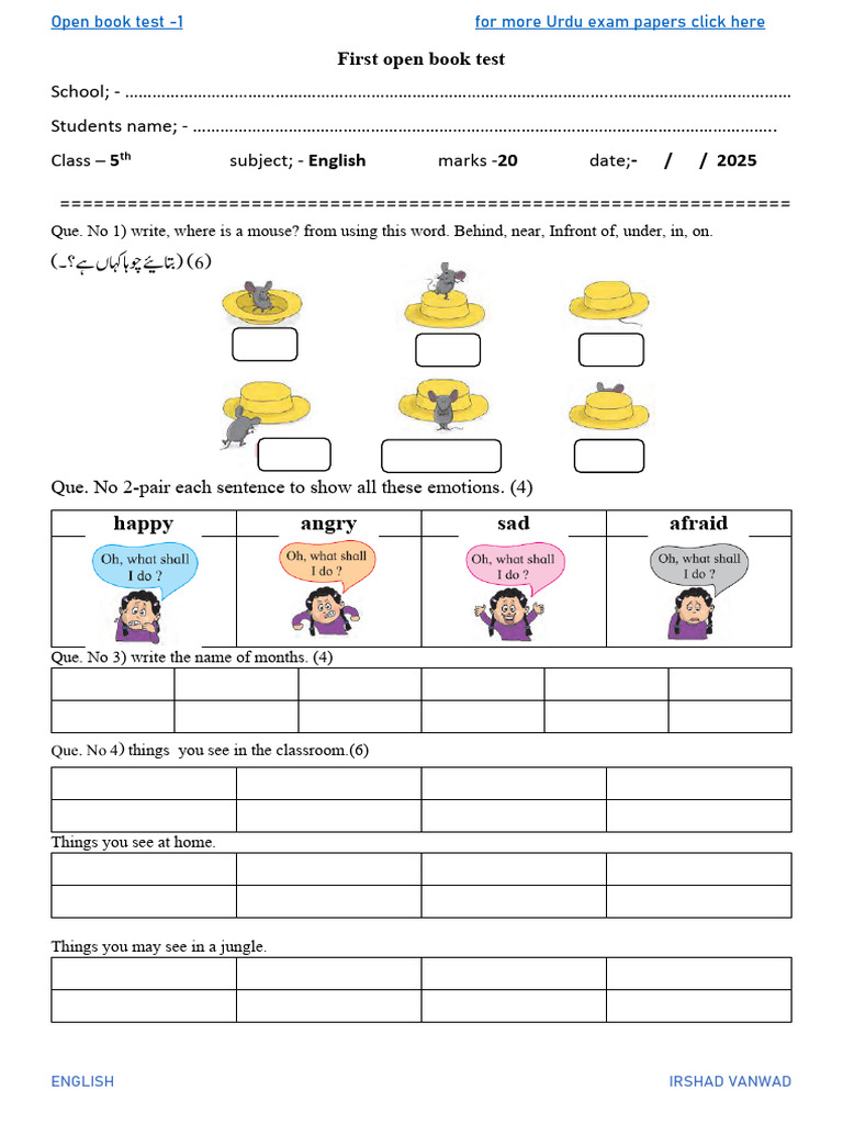 English Class 5 OBT 1 Irshadvanwadcom 2025 | PDF