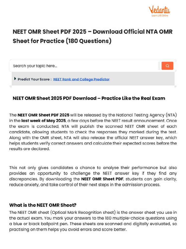 NEET OMR Sheet PDF 2025 - Download Official NTA OMR Sheet For Practice ...