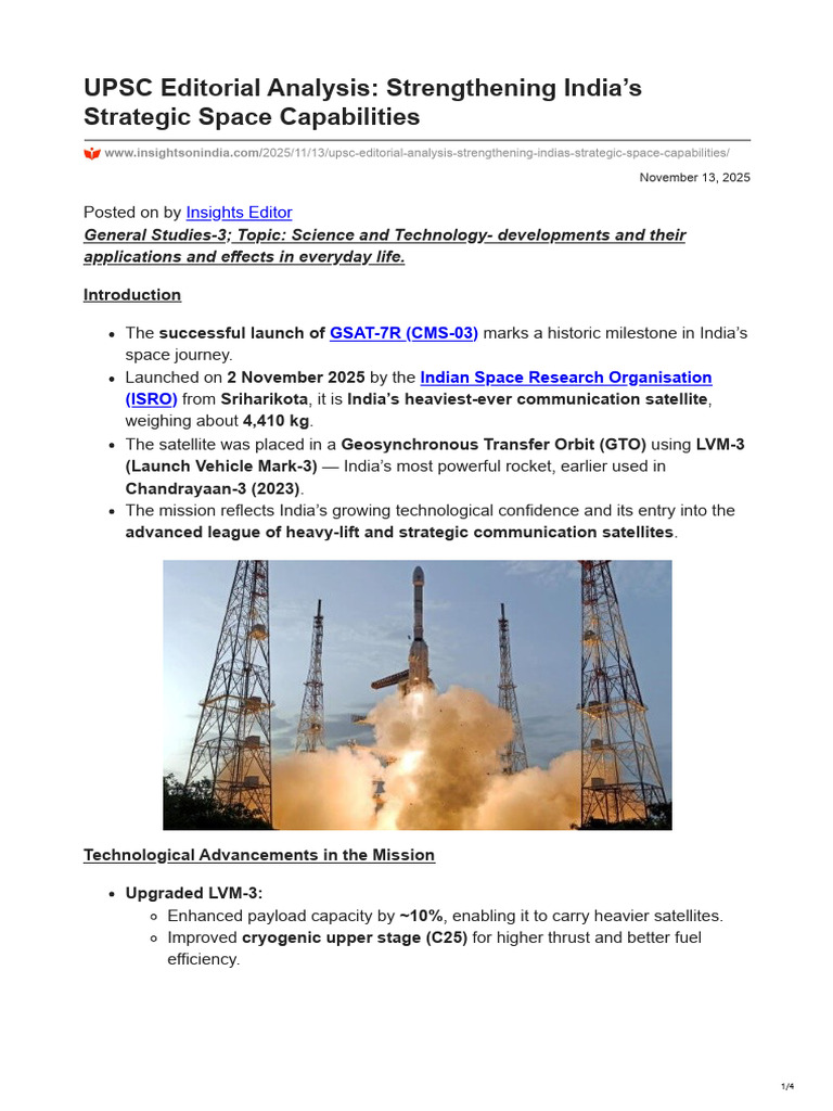 UPSC Editorial Analysis - Strengthening India's Strategic Space ...