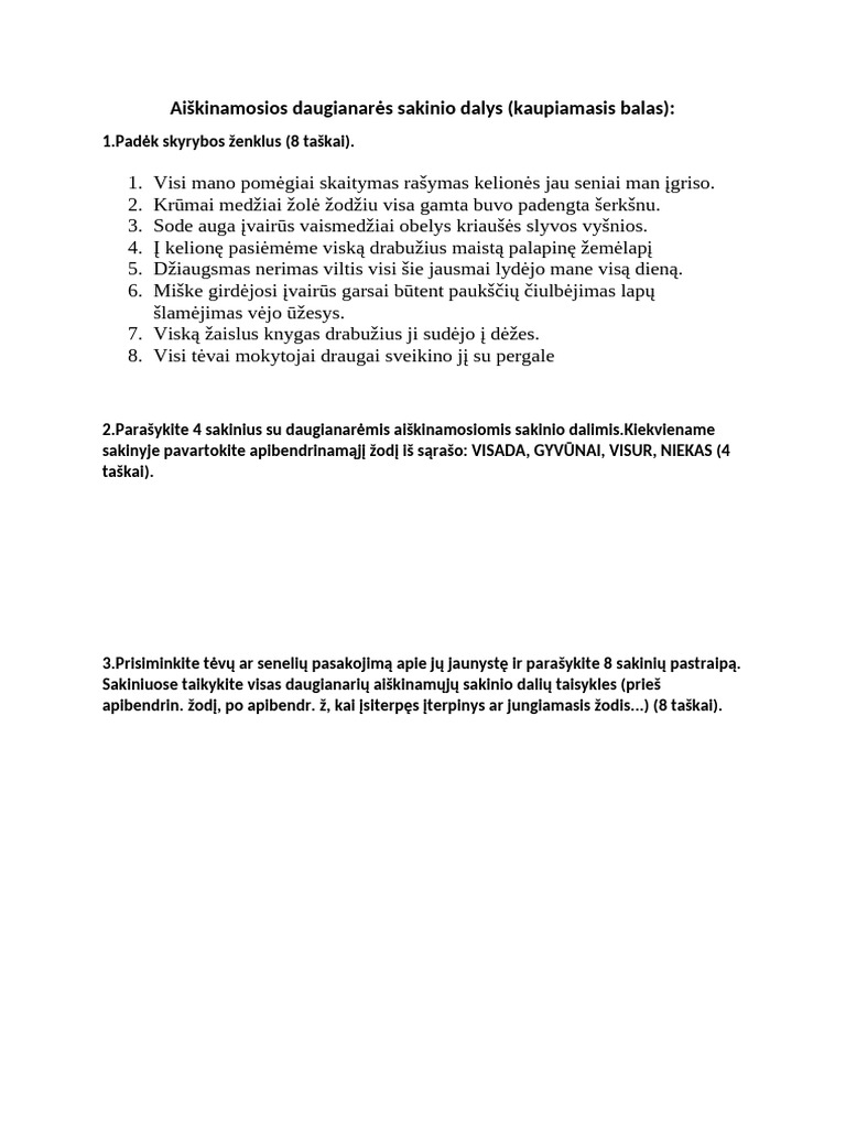 Aiškinamosios Daugianarės Sakinio Dalys | PDF