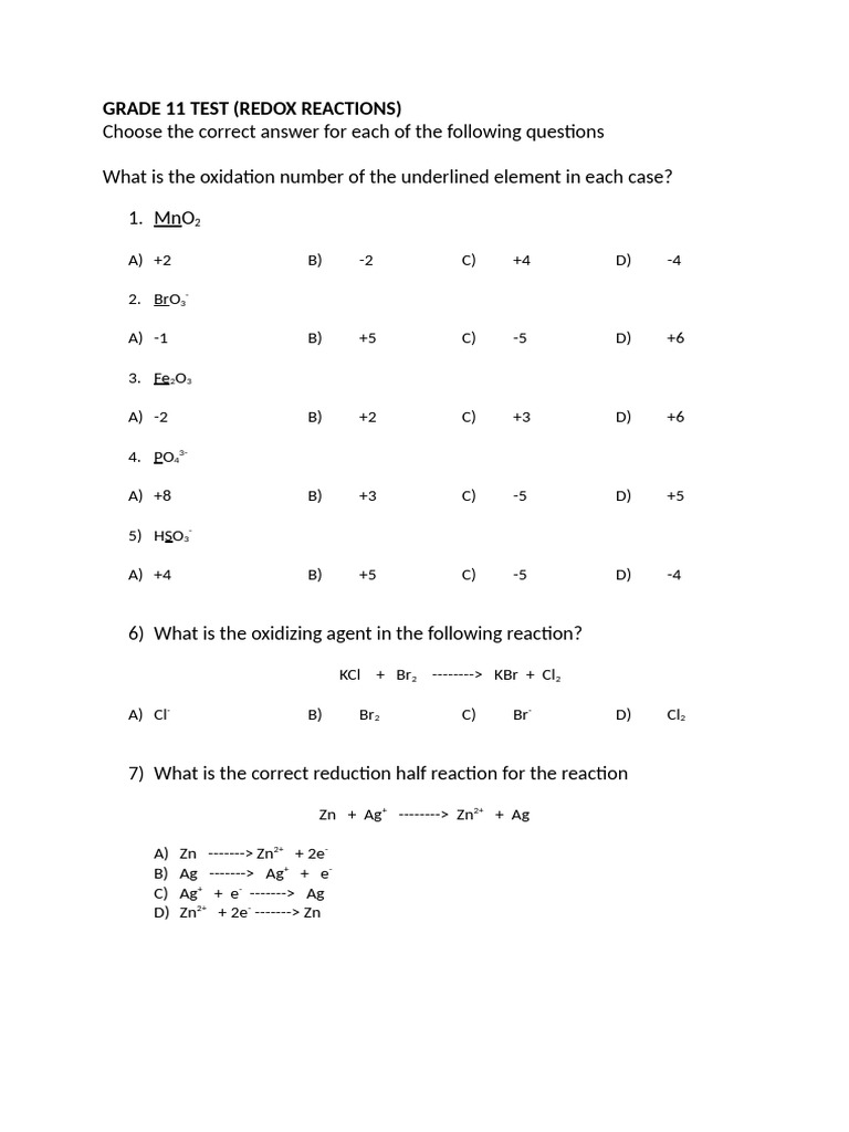 GRADE 11 TEST Redox Reactions | PDF