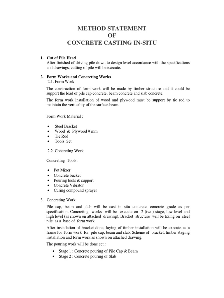 Method Statement of Concreting Work | PDF