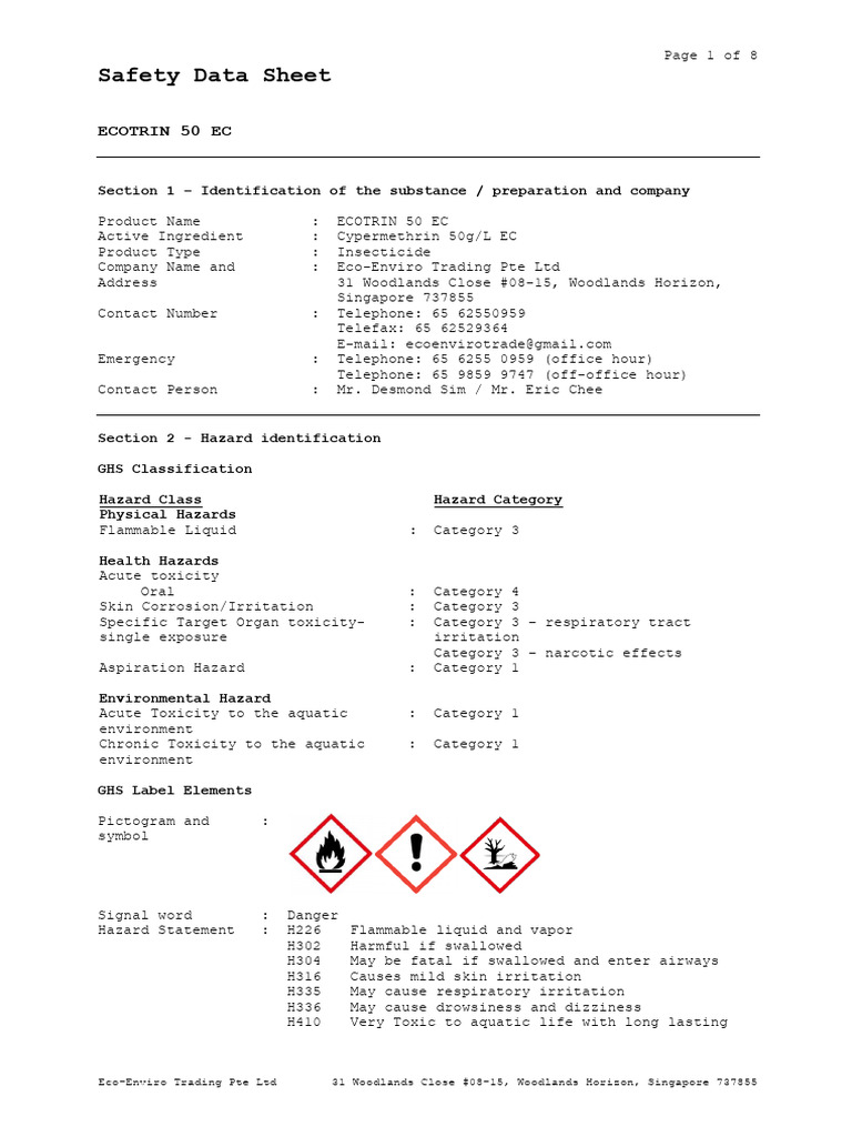 ECOTRIN 50 EC Safety Data Sheet | PDF | Occupational Safety And Health ...