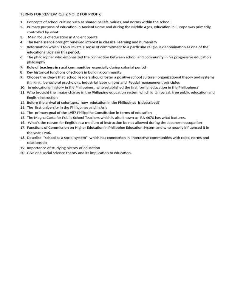 Prof 6 Review Topics For Quiz 2 | PDF