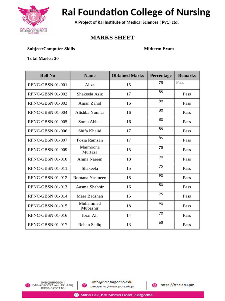 MARKS SHEET Computer Skills Midterm | PDF