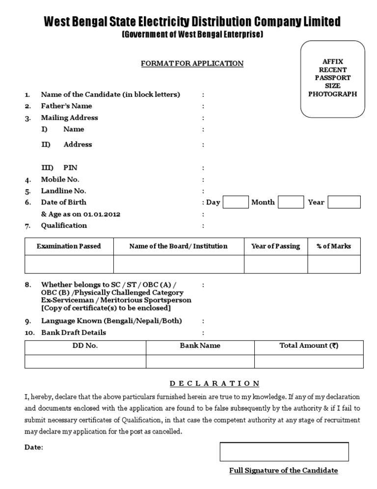 WBSEDCL Job Application Form | PDF | Career & Growth | Finance & Money ...
