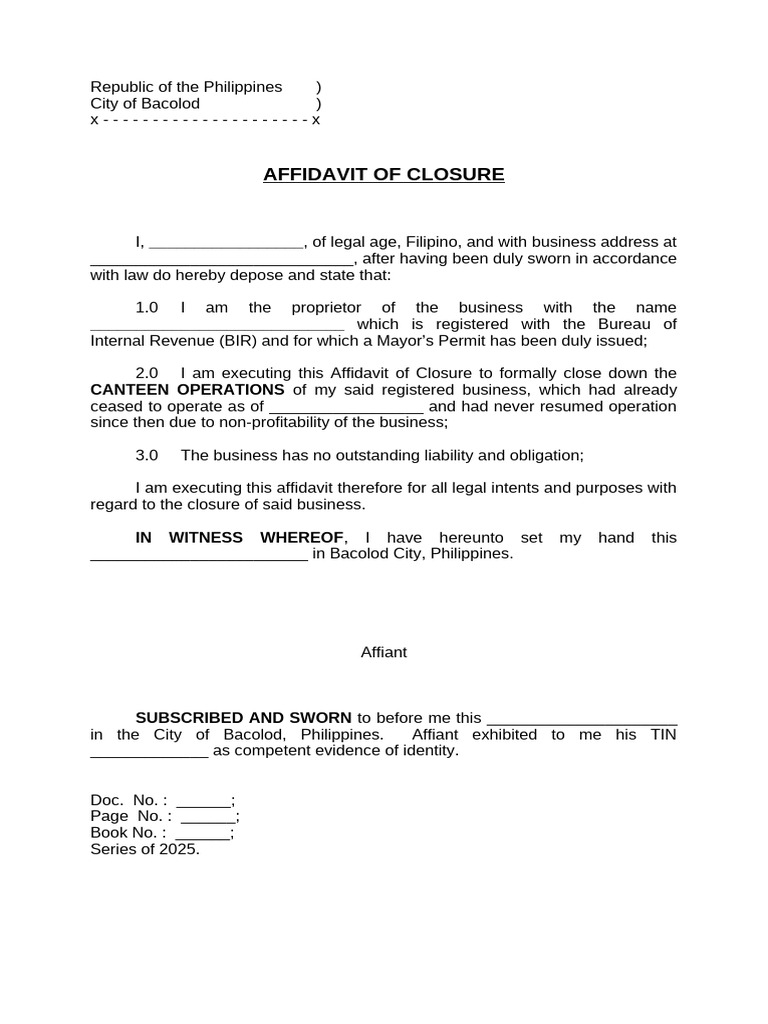 Affidavit of Business Closure Philippines | PDF
