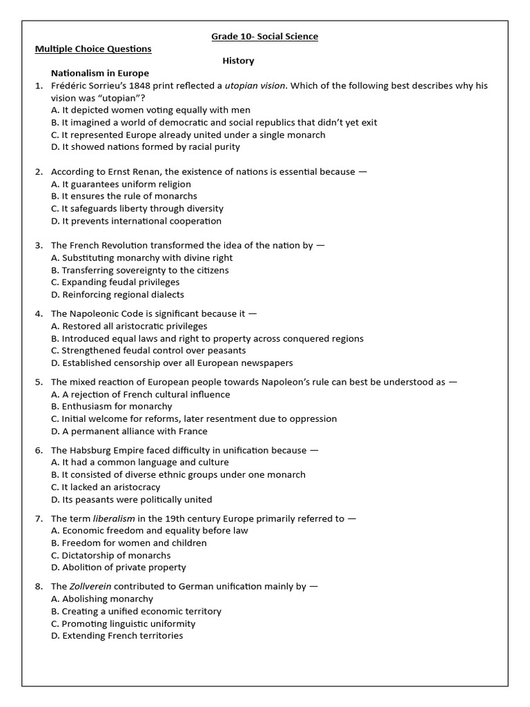 Grade 10 Social Science: Nationalism Quiz | PDF | Soil | Conservatism