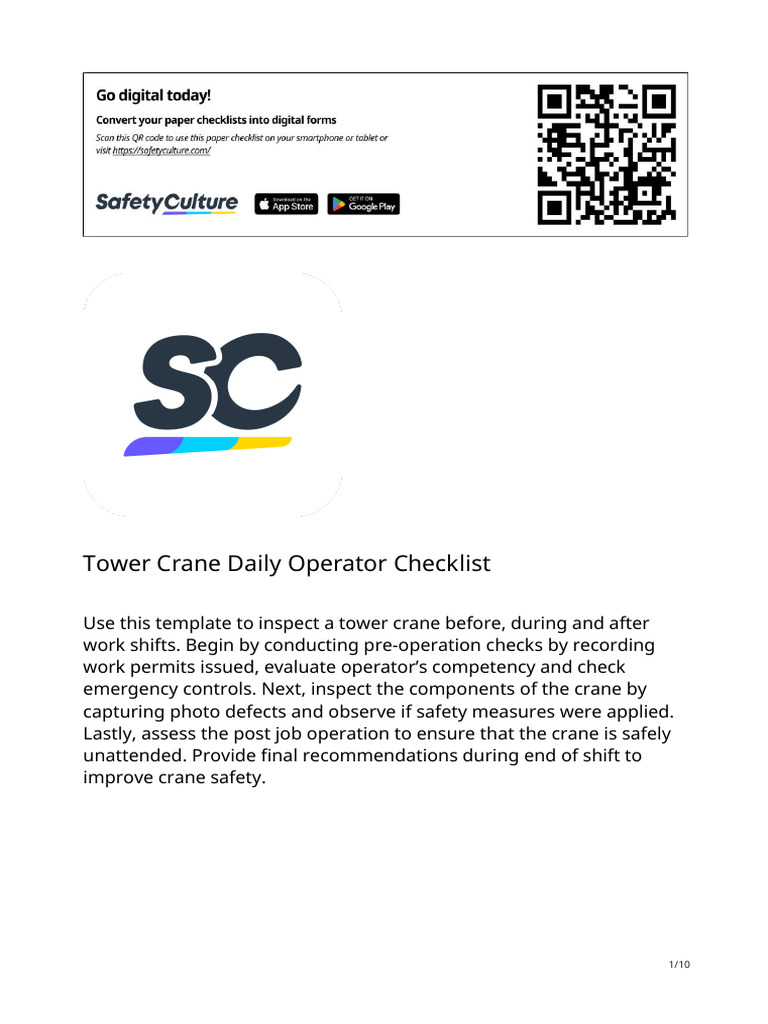 Tower Crane Operator Safety Checklist | PDF | Crane (Machine) | Safety
