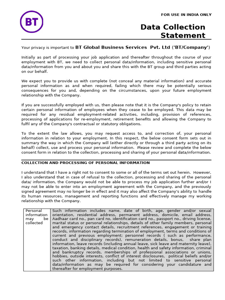 India - Data Collection Statement - GBS | PDF | Employment | Information
