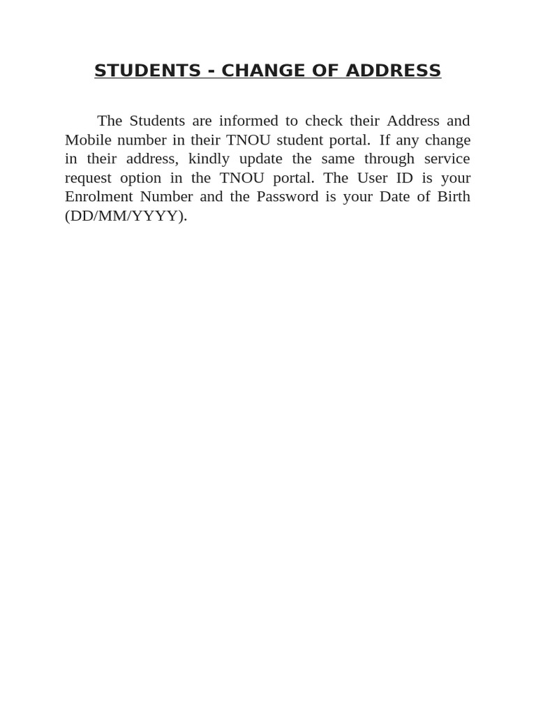 Update Your Address on TNOU Portal | PDF