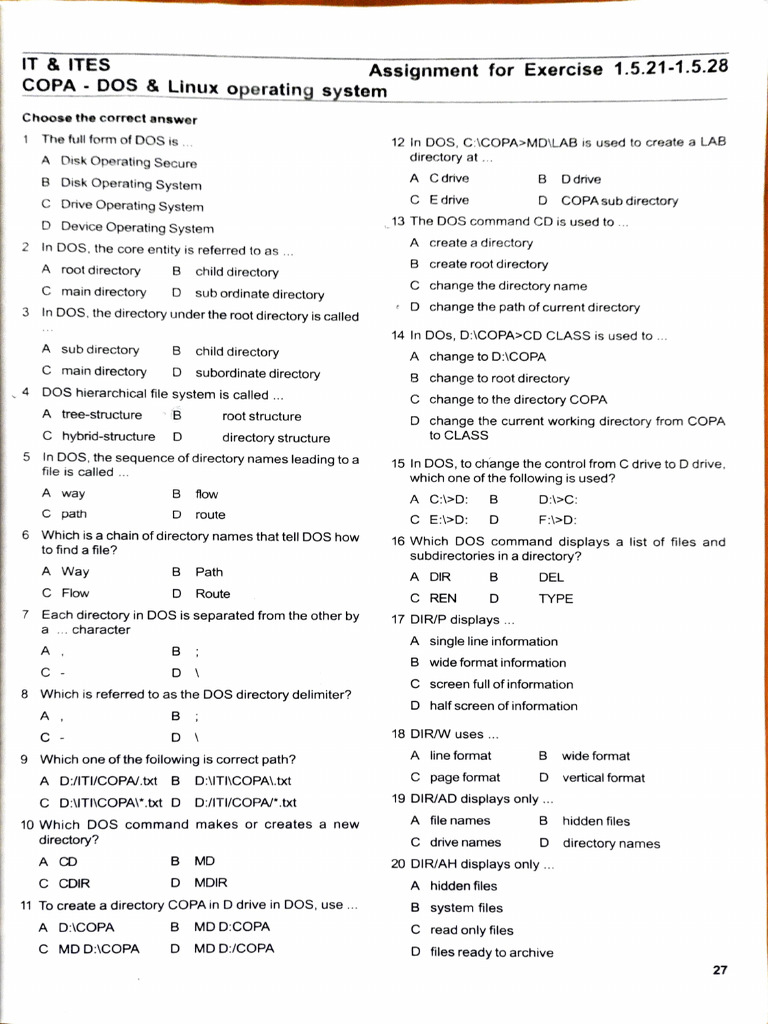 DOS & Linux Operating System Quiz | PDF | Computer File | Dos